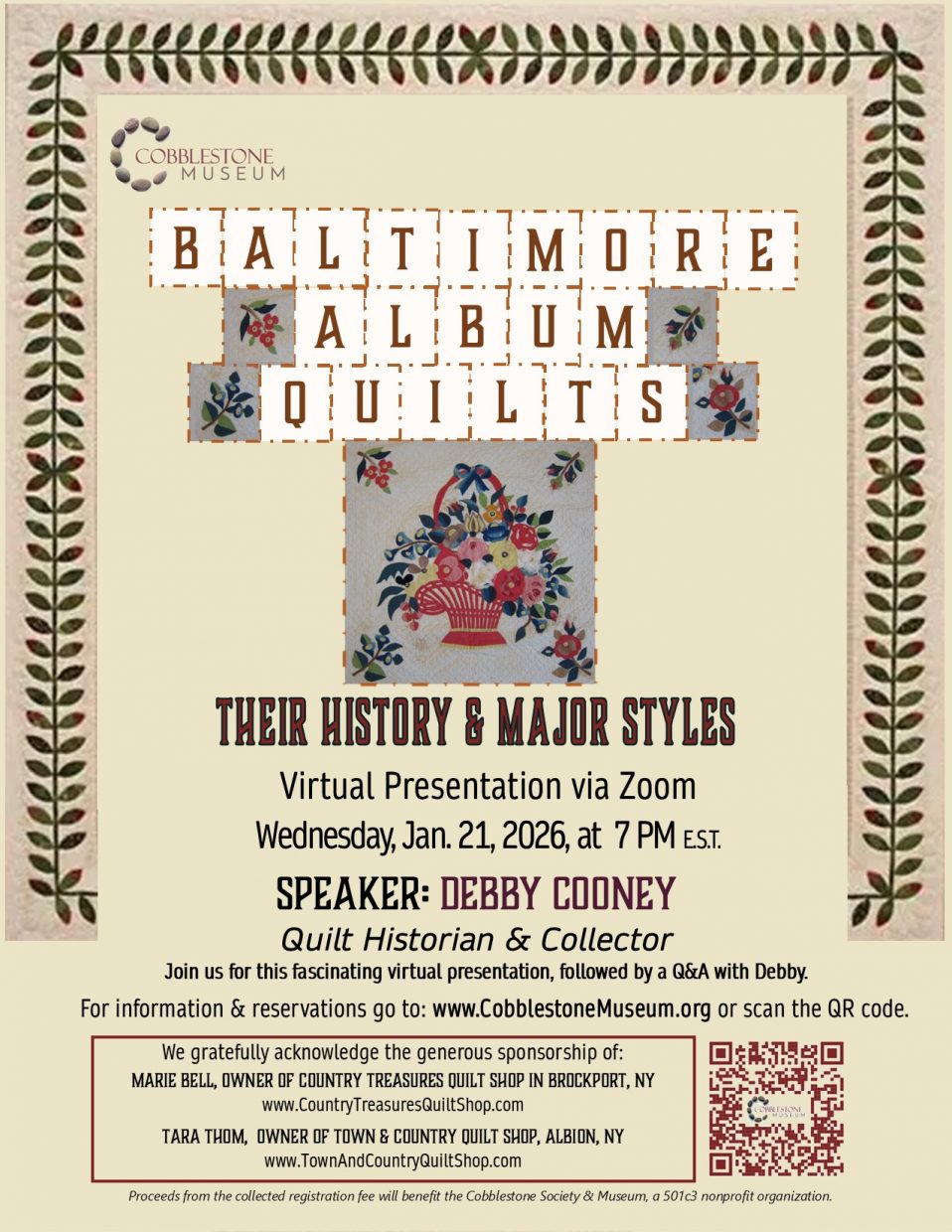 The Cobblestone Museum – Baltimore Album Quilt flier 1.21.26